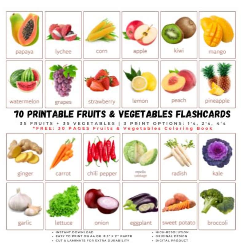 Fruits & Vegetables Flashcards: Montessori Homeschool Printable (PDF ...