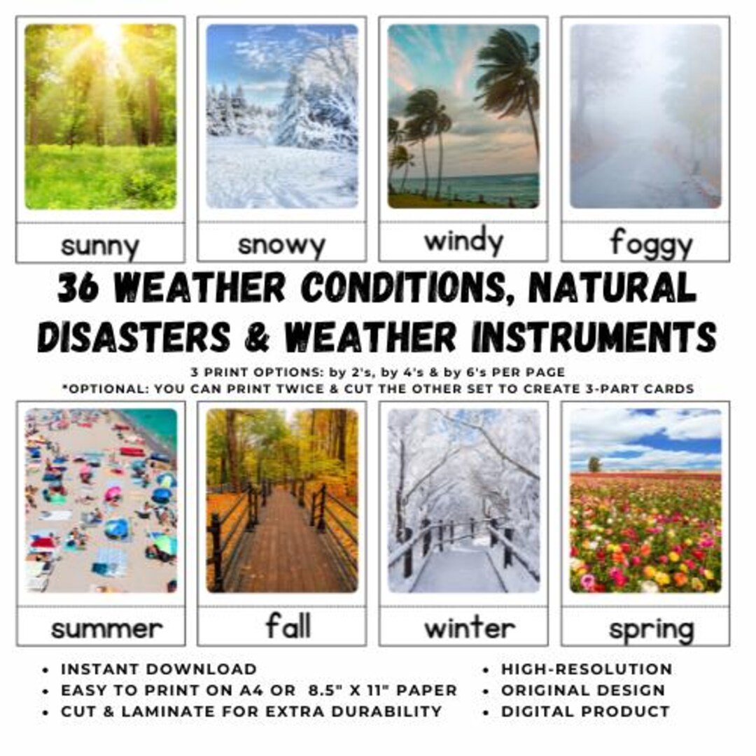 36 WEATHER & NATURAL DISASTERS Nature Cycle Flashcards, Montessori ...