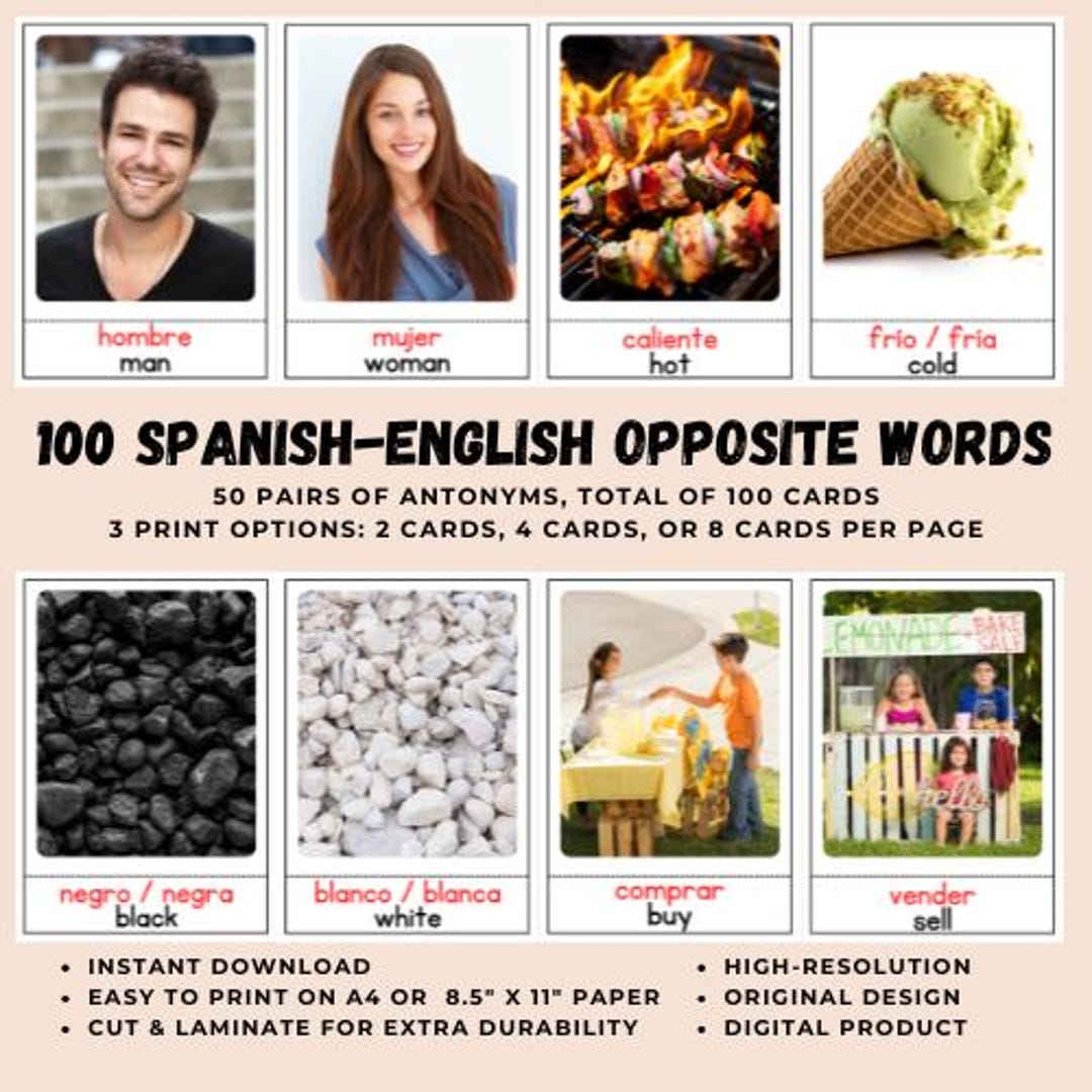 100 Spanish-english ANTONYMS | 50 Pairs of Opposite Words | Bilingual ...