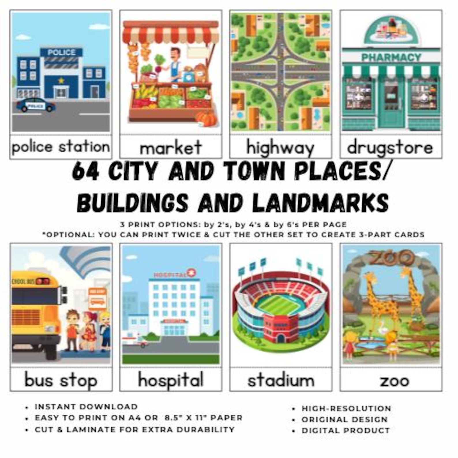 64 PLACES in City and Town, Printable Flashcards | Names of Buildings ...