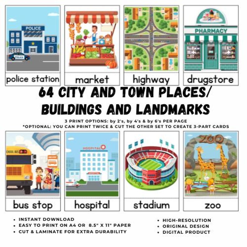 64 PLACES in City and Town, Printable Flashcards | Names of Buildings ...