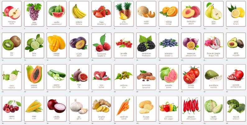 70 Fruits & Vegetables SPANISH-ENGLISH With Real Pictures | Bilingual ...