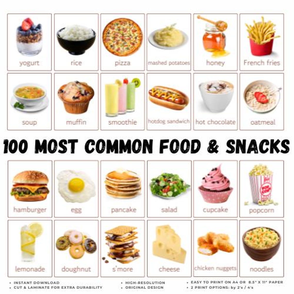 100 Foods & Snacks Flashcards: Montessori Nutrition Cards (printable ...