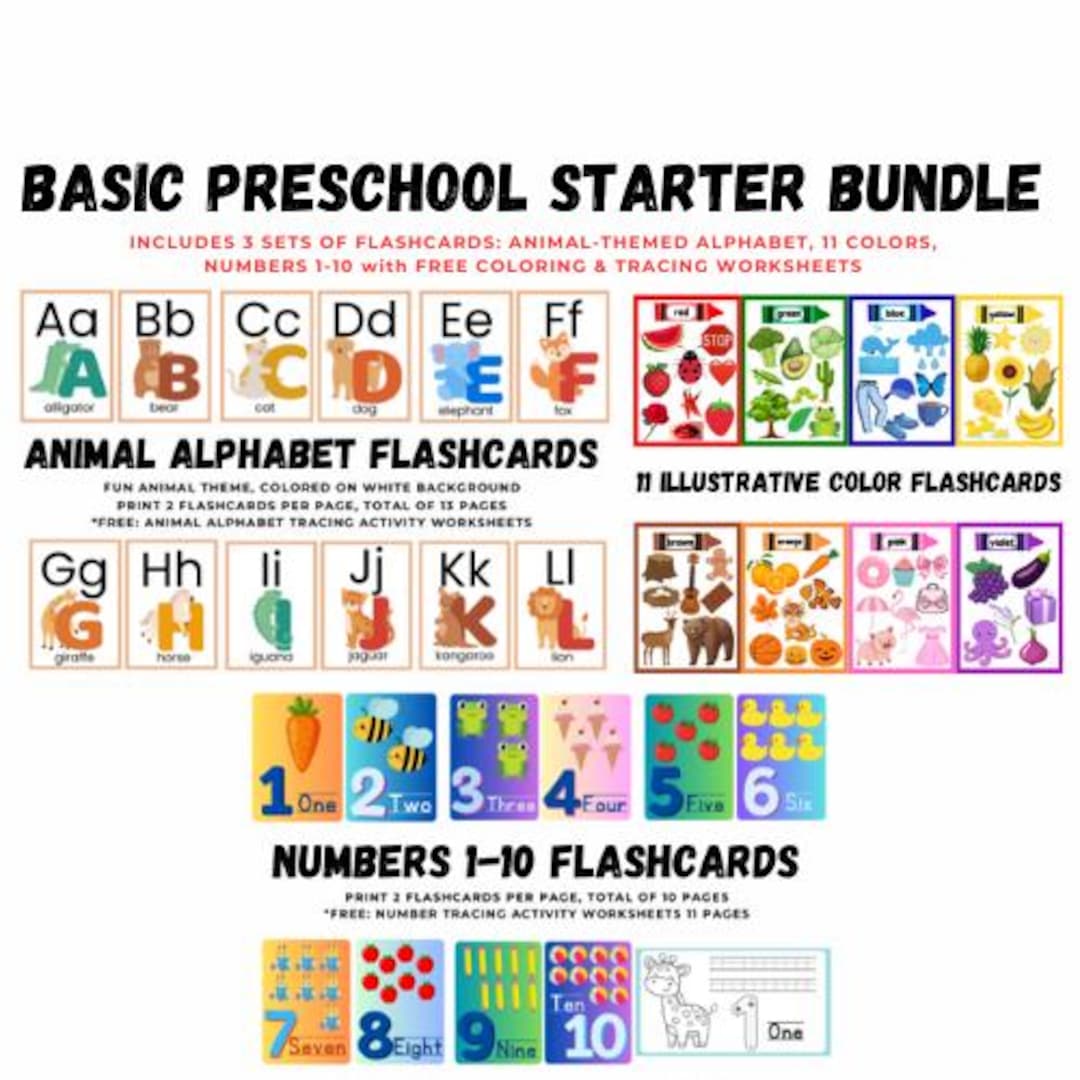 Preschool Learning Flashcard Bundle: Alphabet, Numbers, Colors, Shapes ...
