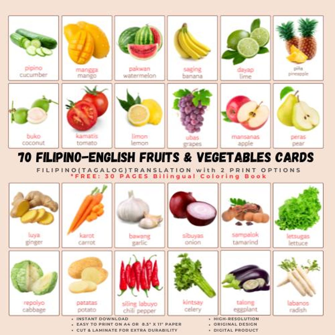 70 FILIPINO-ENGLISH Fruits & Vegetables Bilingual Printable Flashcards ...