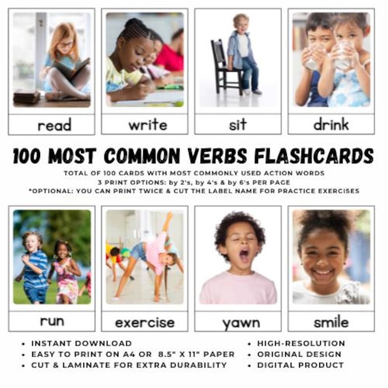 100 VERBS Most Common Action Words | Real Pictures Image Flashcards ...
