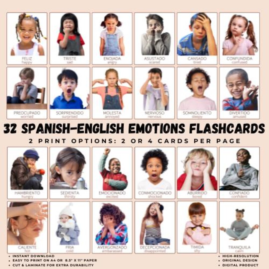 32 FEELINGS EMOTIONS Spanish to English | Printable Bilingual Kids ...