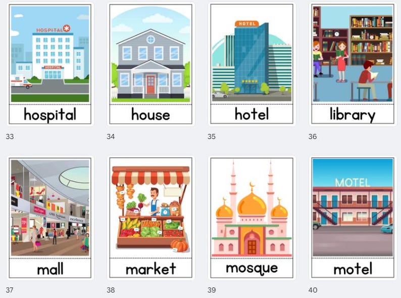 64 PLACES in City and Town, Printable Flashcards | Names of Buildings ...