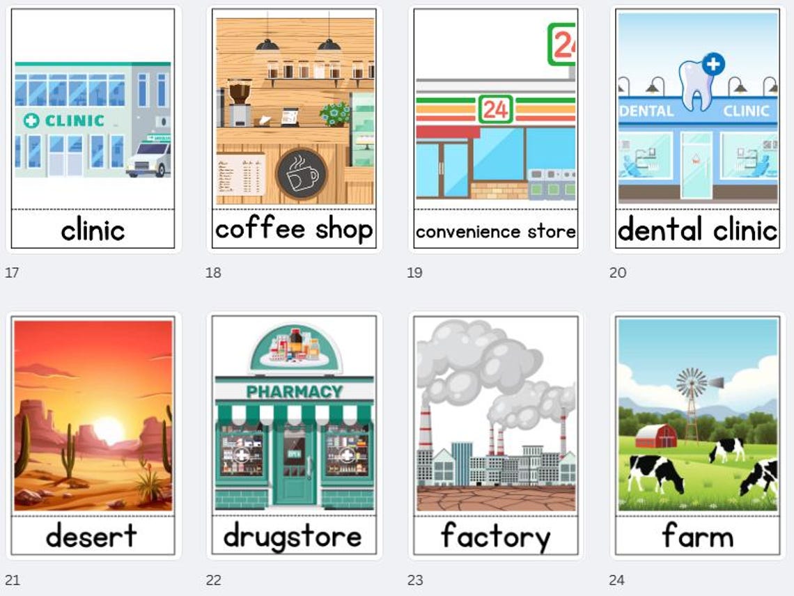 64 PLACES in City and Town, Printable Flashcards | Names of Buildings ...