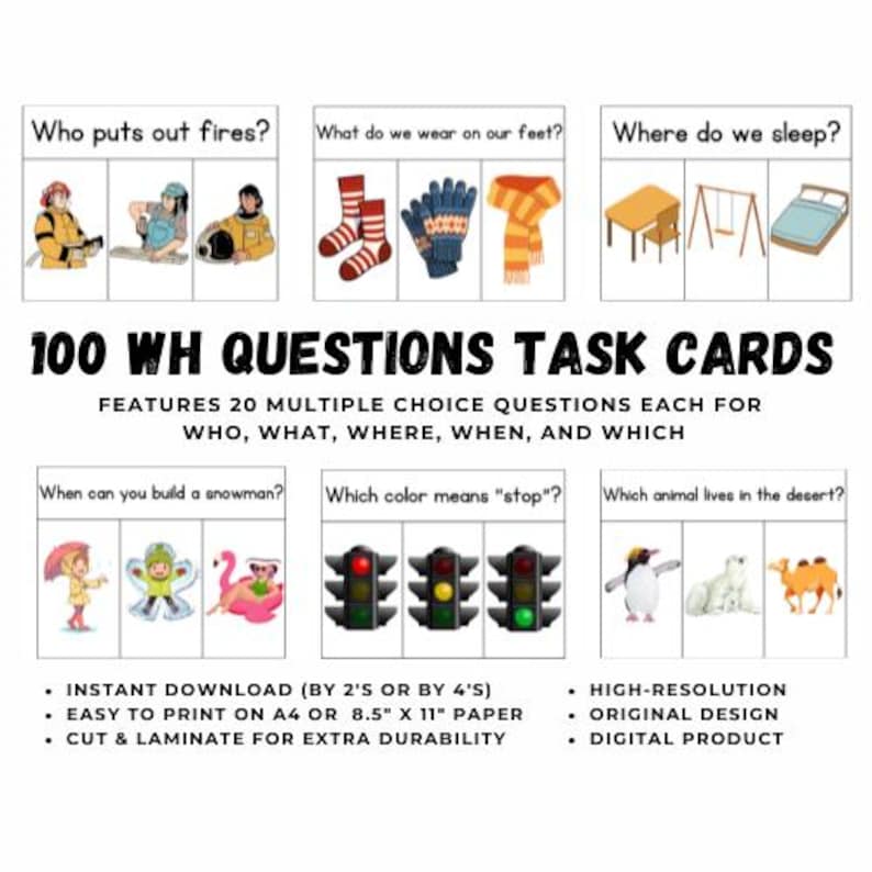 100 WH Question Flash Cards, Speech Therapy Matching Functions Task ...