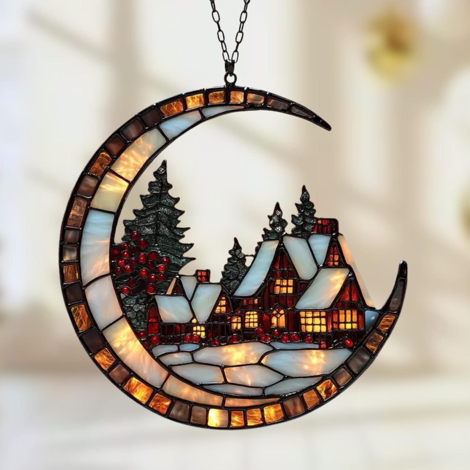 Custom Winter Cottage Moon Suncatcher, Faux Stained Glass Christmas ...