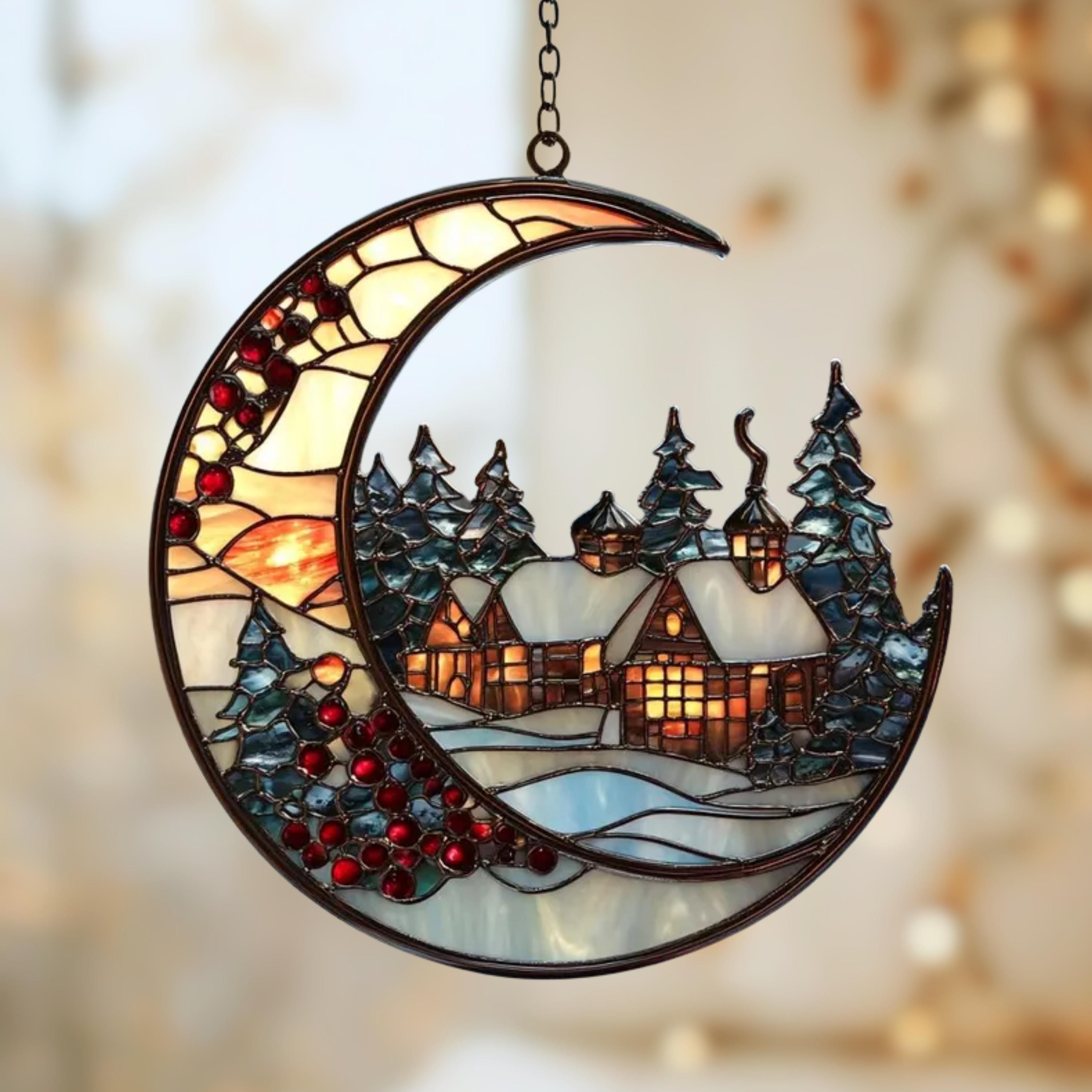 Custom Winter Cottage Moon Suncatcher, Faux Stained Glass Christmas ...