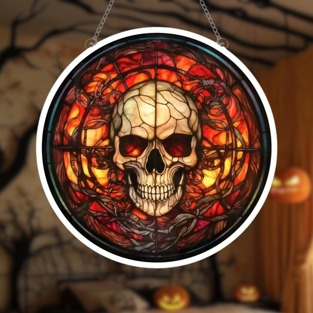 Custom Fiery Skull Suncatcher, Gothic Flame Stained Glass Window Decor ...