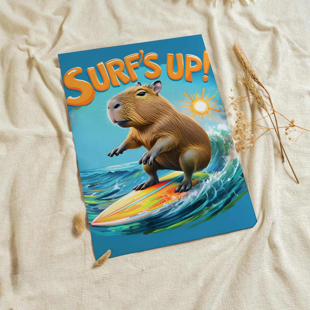 Capybara Surf's up Poster, Fun Art for Animal Lovers, Funny Poster ...