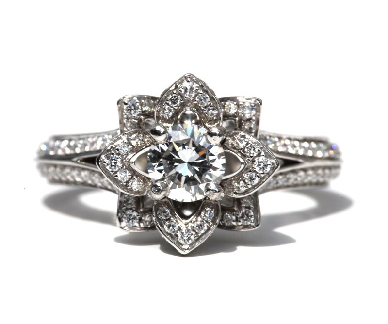 UNIQUE Flower Rose Diamond Engagement Ring - Blooming - 2 Rows - 14K ...