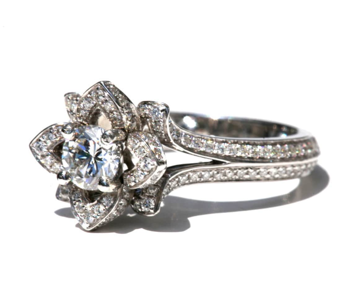 UNIQUE Flower Rose Diamond Engagement Ring Blooming 2 Rows - Etsy