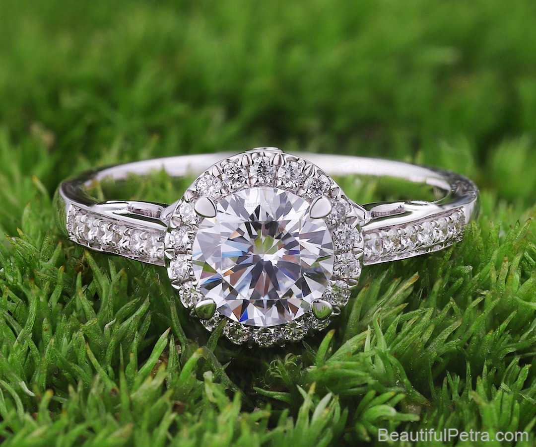 Halo Diamond Engagement Ring 14K White Rose Gold Platinum Round Halo Pave Beautiful Petra Rings ...