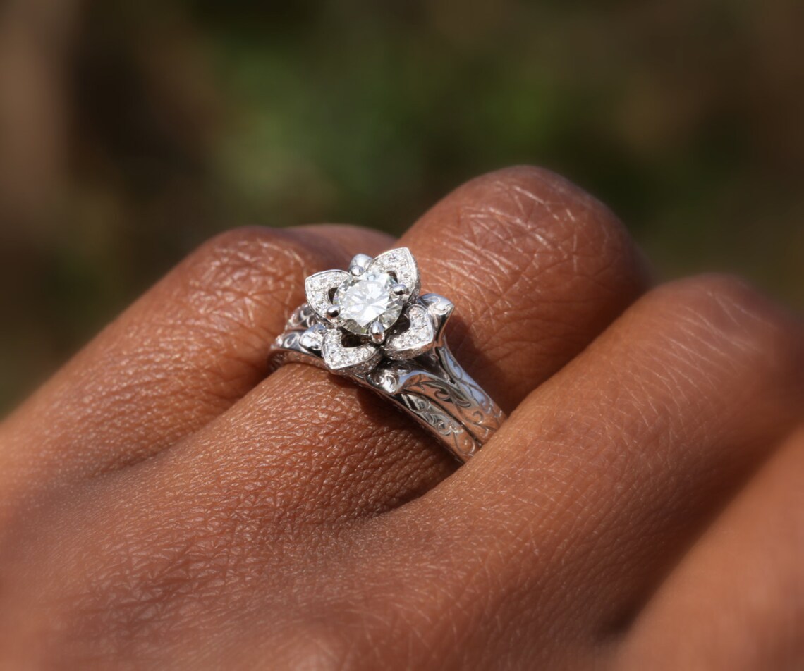 Engraved UNIQUE Flower Rose Lotus Blooming Diamond Engagement or Right ...
