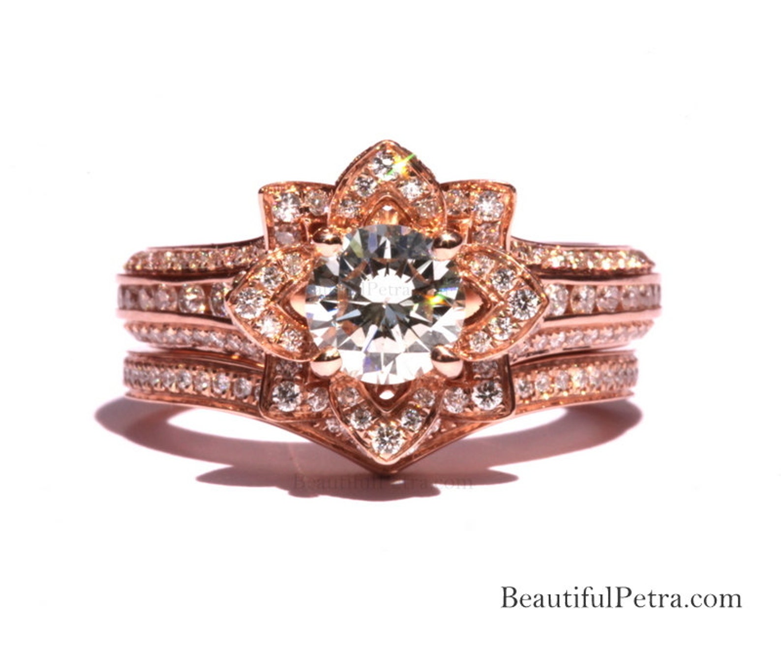 Rose Gold - Wedding SET - UNIQUE Flower Rose Diamond Engagement Ring ...