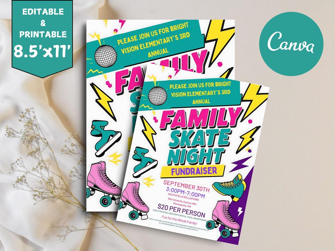 Editable Family Skate Night Flyer: Roller Skating Fundraiser (instant ...