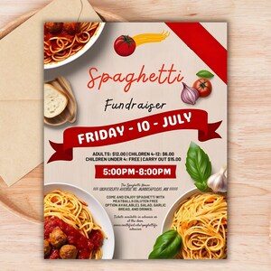 Editable Spaghetti Dinner Fundraiser Flyer Ticket, Pasta PTA PTO School ...