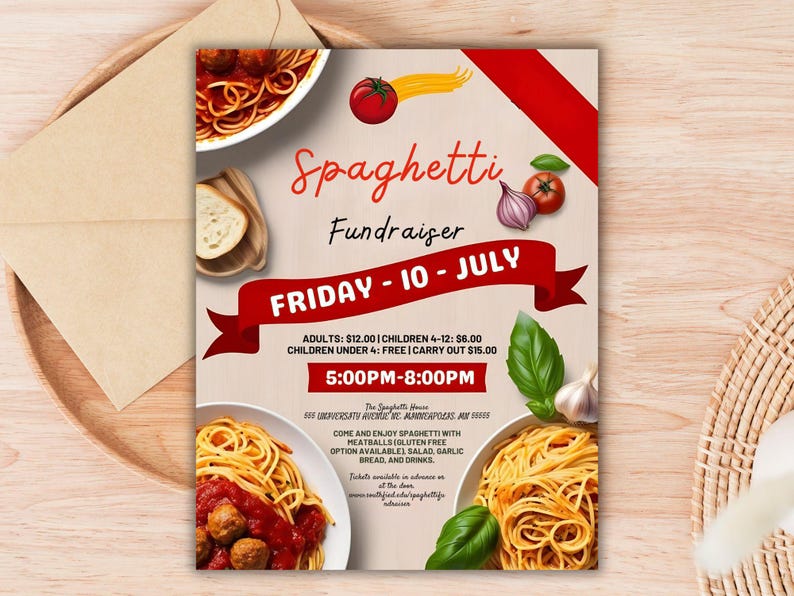 Editable Spaghetti Dinner Fundraiser Flyer Ticket, Pasta PTA PTO School Church Charity Event ...