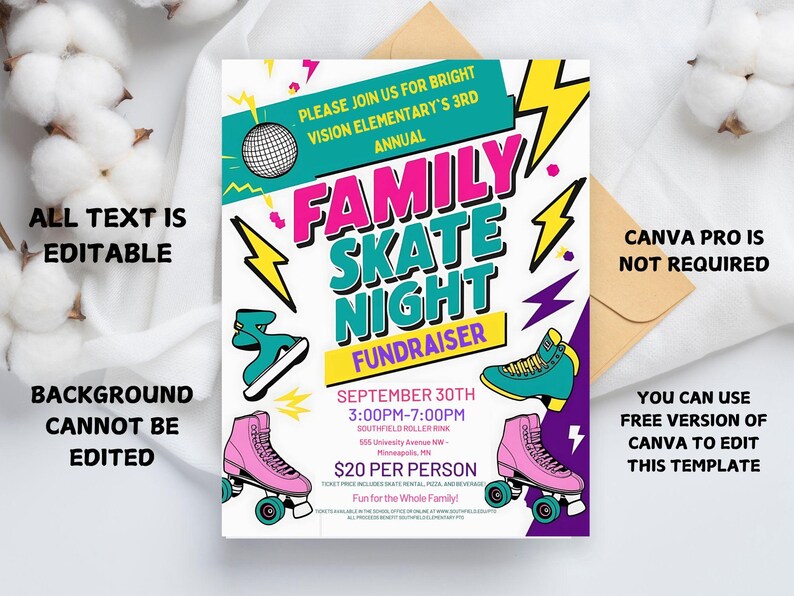 Editable Family Skate Night Flyer: Roller Skating Fundraiser (instant ...
