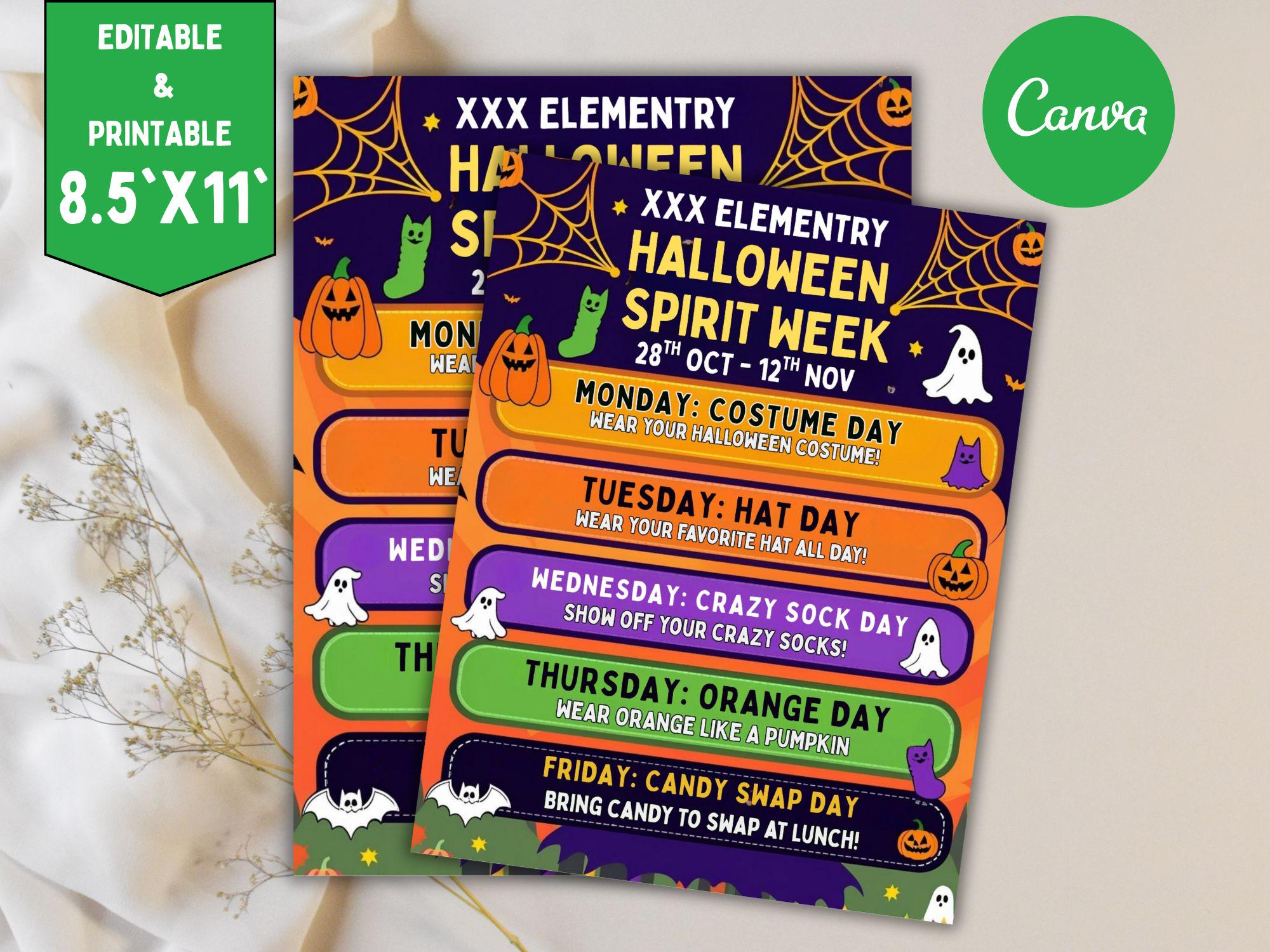 Editable Halloween Spirit Week Flyer Canva Template, School Spirit ...