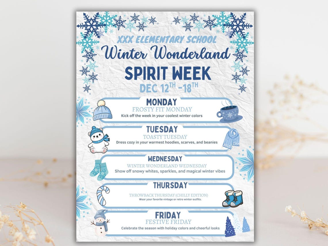Customizable Winter Spirit Week Flyer, School Holiday Itinerary ...