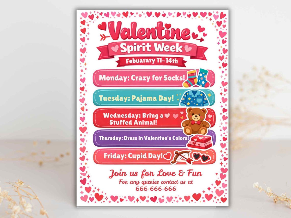 Editable Valentines Day Spirit Week Flyer Canva Template, School Spirit ...
