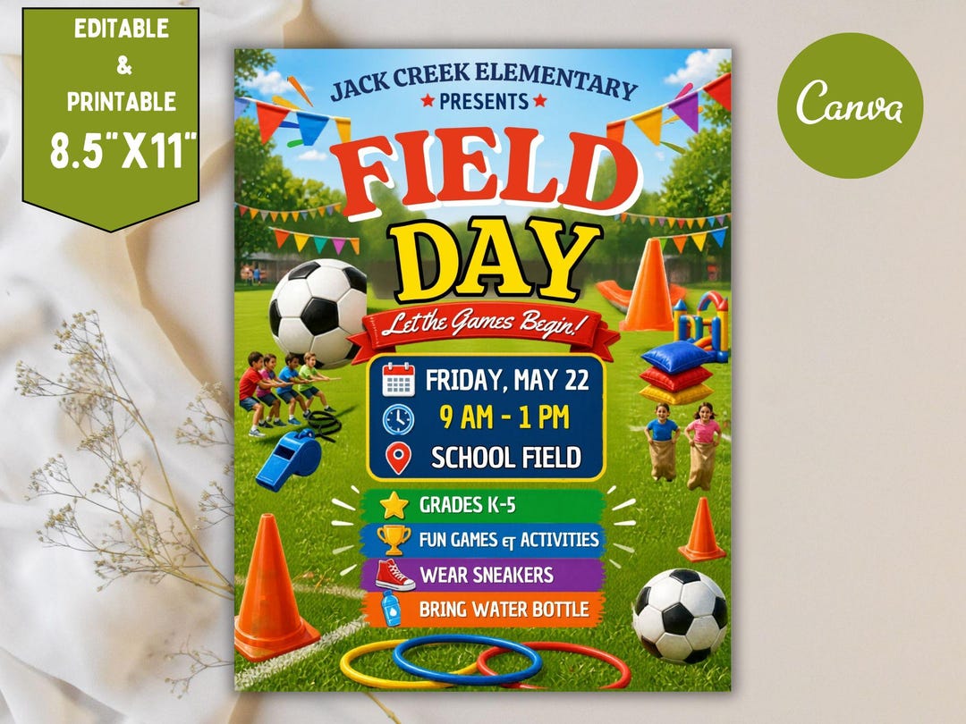 Field Day Flyer Template | Editable Canva School Field Day Poster | PTA ...