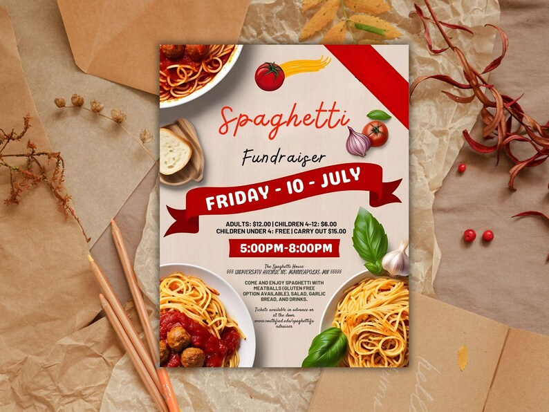 Editable Spaghetti Dinner Fundraiser Flyer Ticket, Pasta PTA PTO School ...