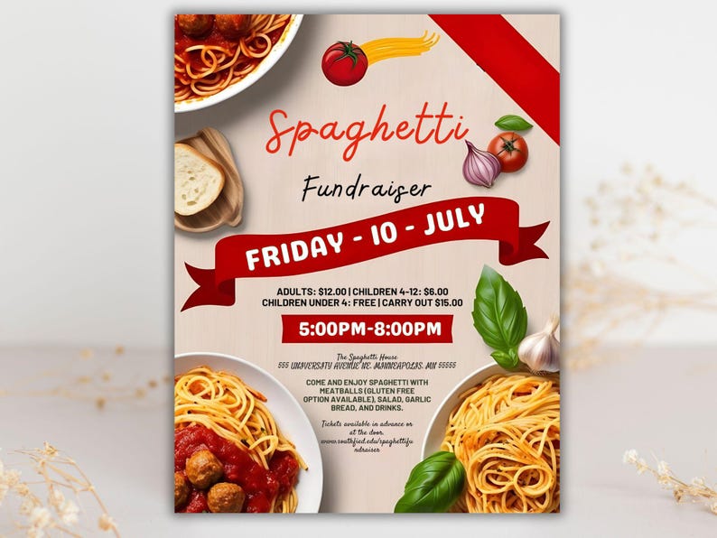 Editable Spaghetti Dinner Fundraiser Flyer Ticket, Pasta PTA PTO School ...