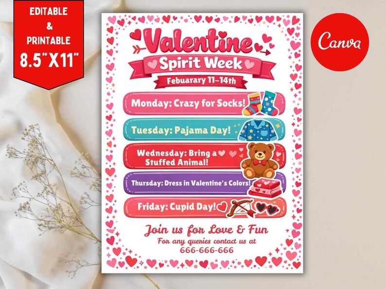 Editable Valentines Day Spirit Week Flyer Canva Template, School Spirit ...