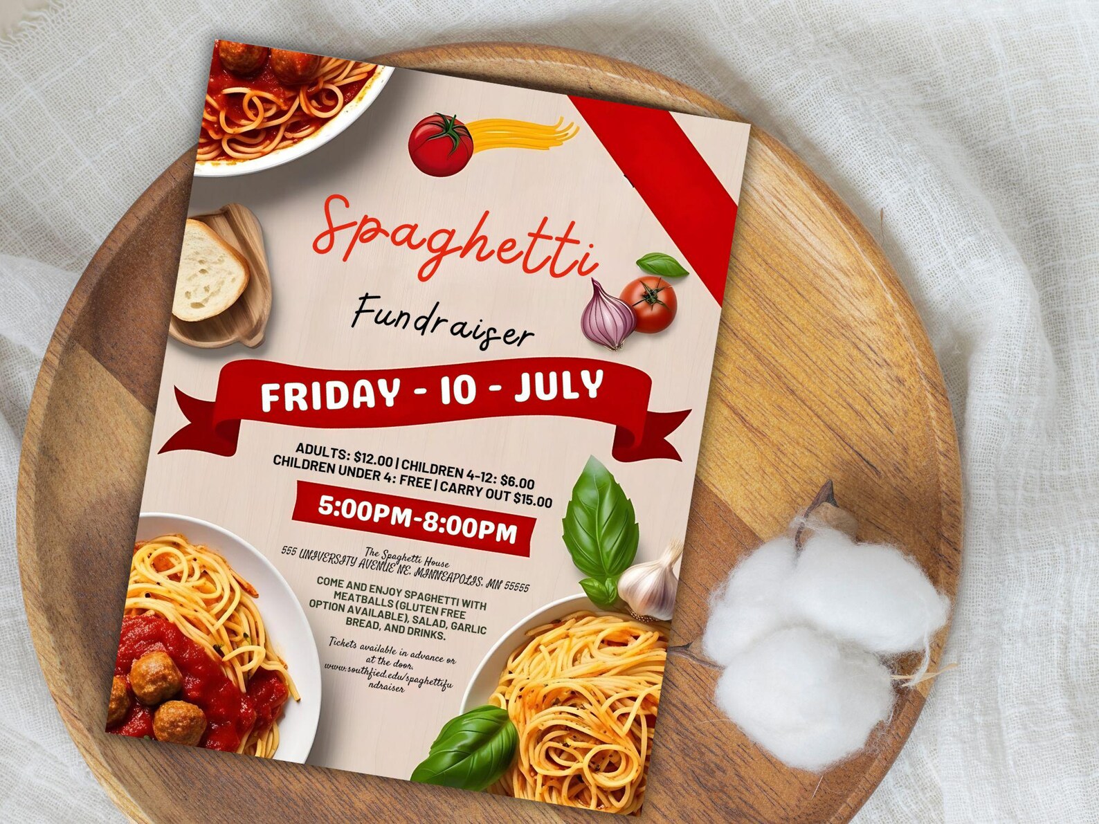 Editable Spaghetti Dinner Fundraiser Flyer Ticket, Pasta PTA PTO School ...