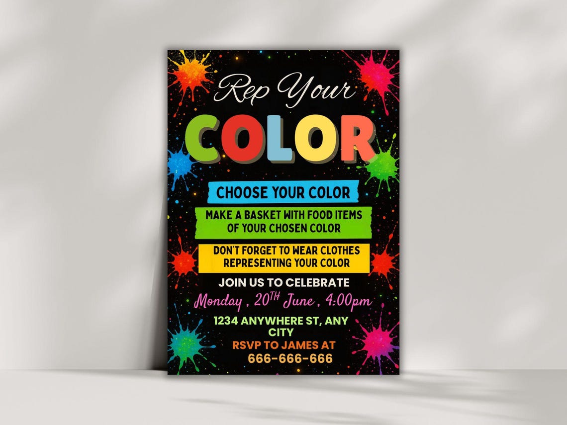 Editable Birthday Invitation, Rep Your Color Invitation, Color Theme ...