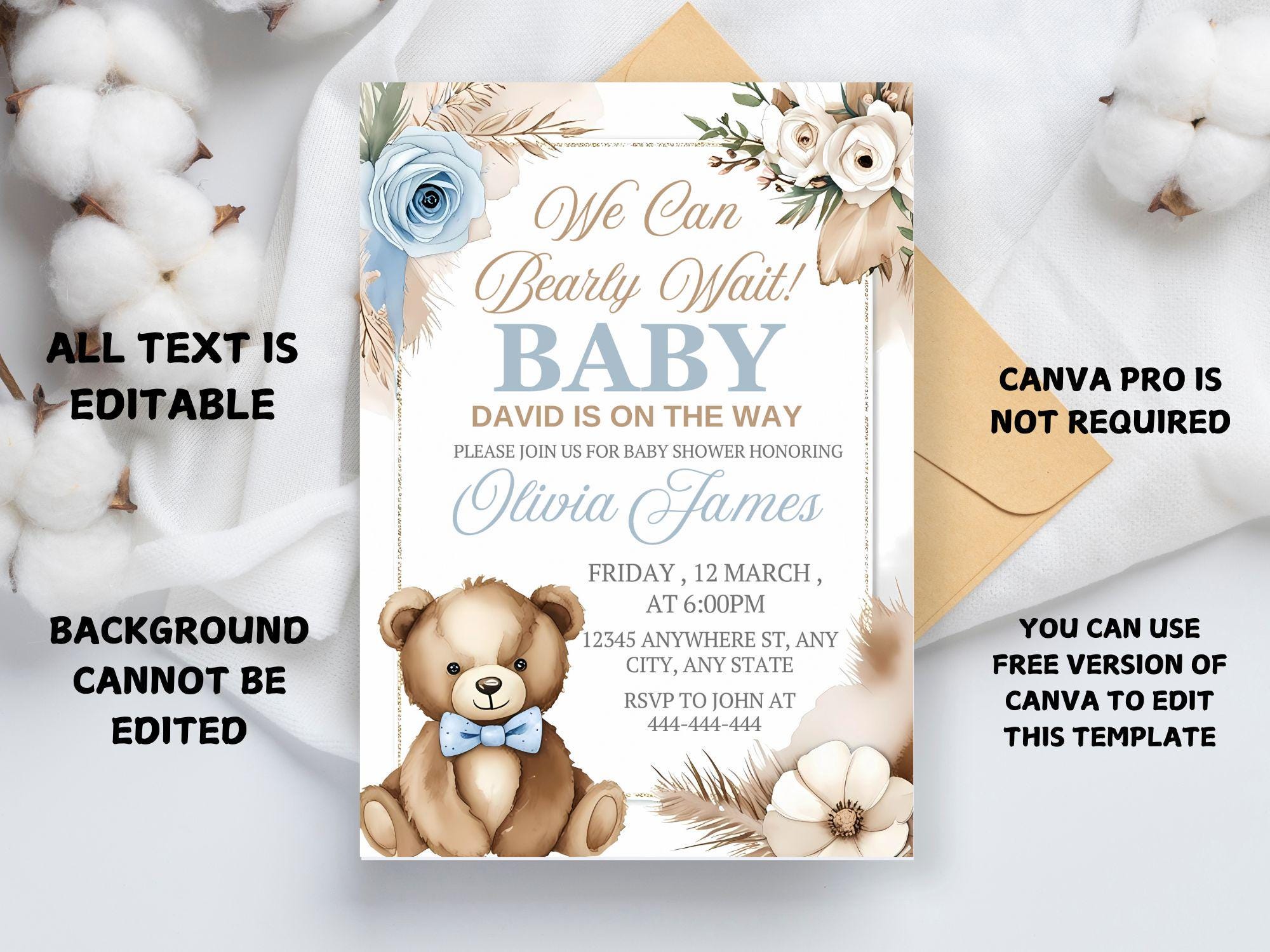Teddy Bear Baby Shower Invitation: Editable Canva Template - Etsy