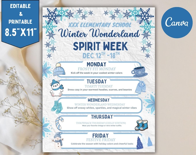 Customizable Winter Spirit Week Flyer, School Holiday Itinerary ...