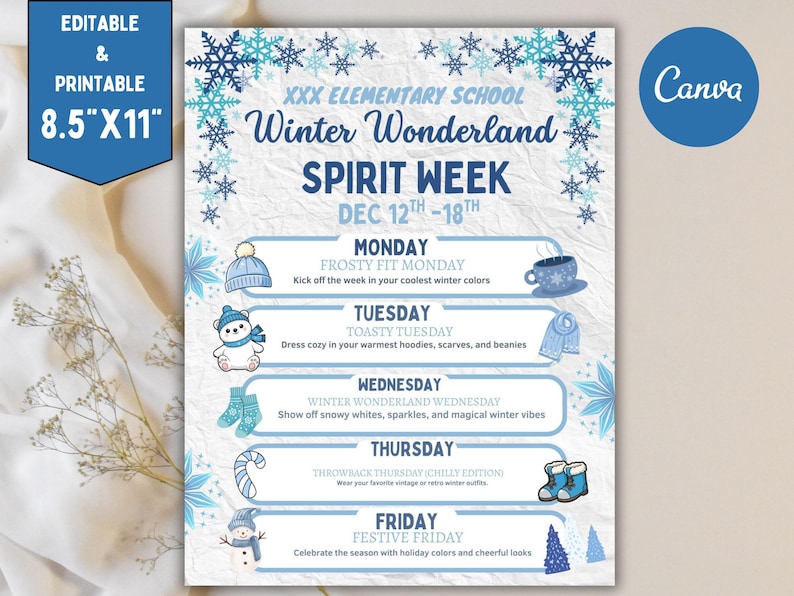 Customizable Winter Spirit Week Flyer, School Holiday Itinerary ...
