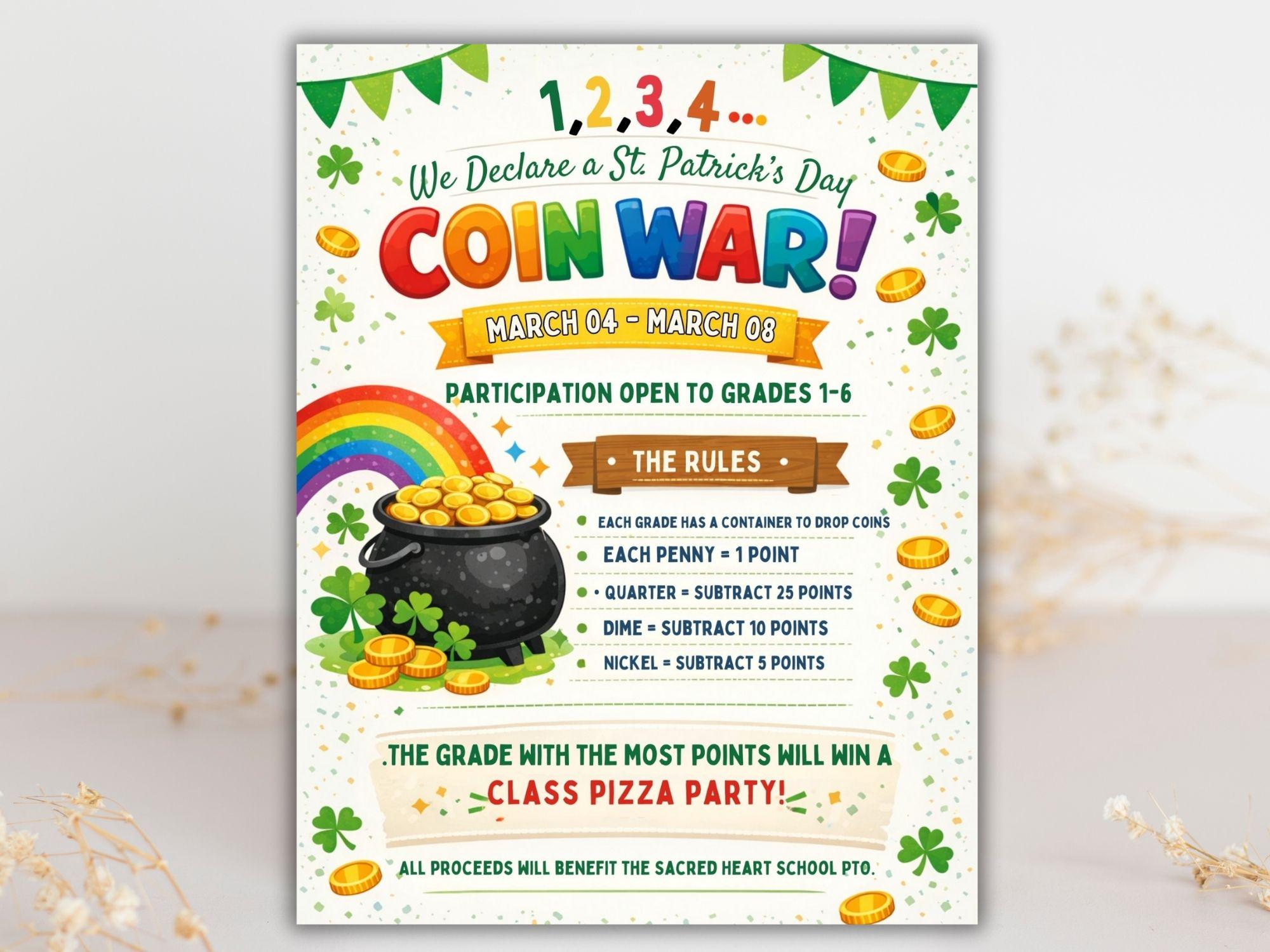 St. Patrick's Day Coin War Flyer, School Fundraiser Template (digital ...