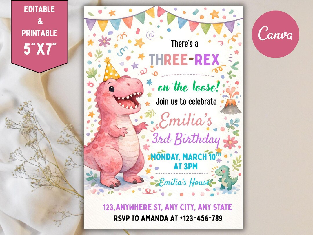 Girl Three Rex Birthday Invitation, Pastel Dinosaur Party (canva ...