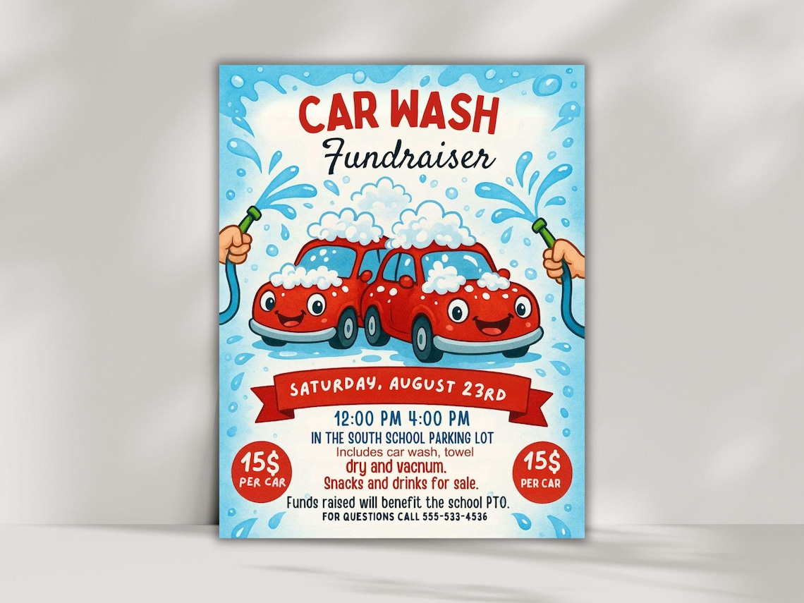 Car Wash Fundraiser Flyer Template: School PTO PTA Event (digital ...