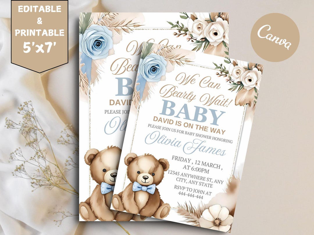 Teddy Bear Baby Shower Invitation: Editable Canva Template - Etsy