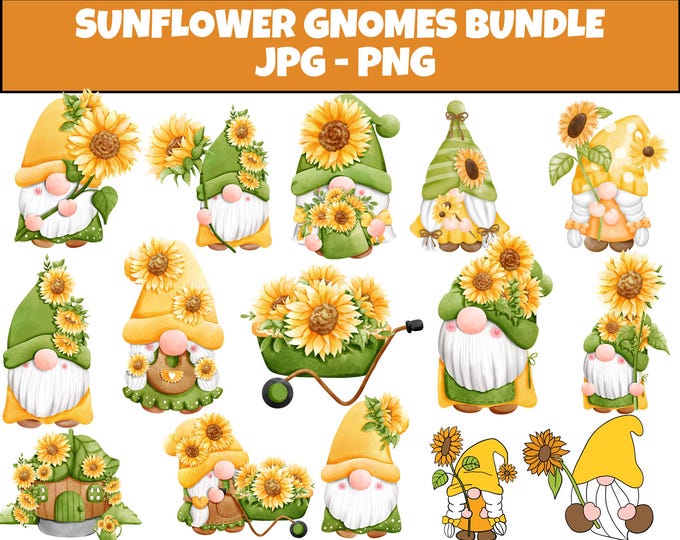 25 PNG Sunflower Gnome Clipart Bundle,garden Gnome Watercolor Clipart ...