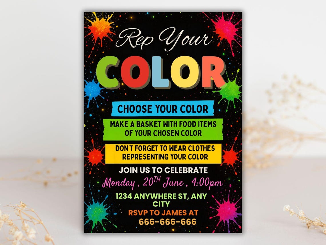 Editable Birthday Invitation, Rep Your Color Invitation, Color Theme ...