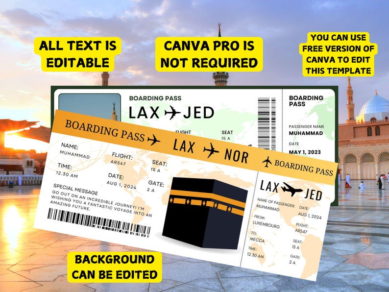 Hajj Boarding Pass, Editable Umrah Mubarak Boarding Pass, Hajj Plane ...