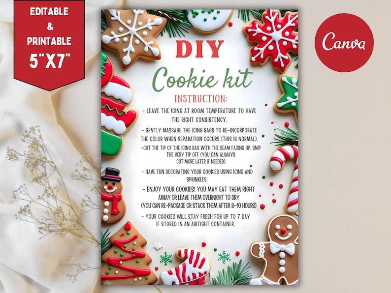 Christmas Cookie Instructions Card, Editable DIY Cookie Kit (canva) - Etsy
