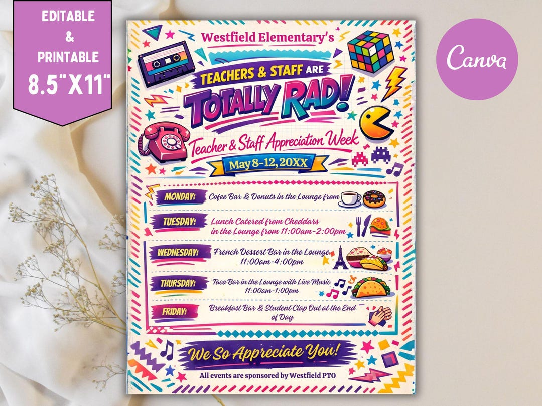 Retro 90s Teacher Appreciation Week Flyer Template, Editable Schedule ...