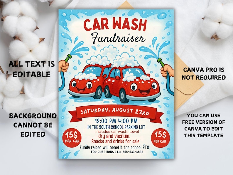 Car Wash Fundraiser Flyer Template: School PTO PTA Event (digital ...