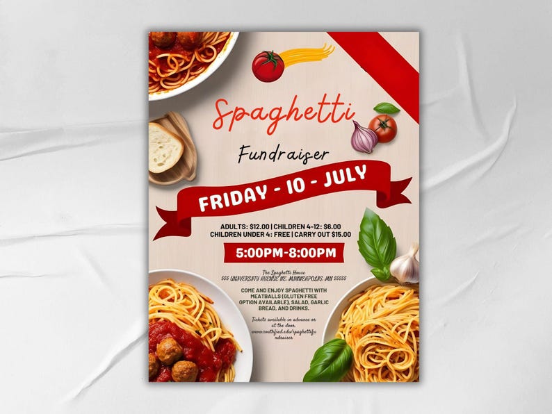 Editable Spaghetti Dinner Fundraiser Flyer Ticket, Pasta PTA PTO School ...